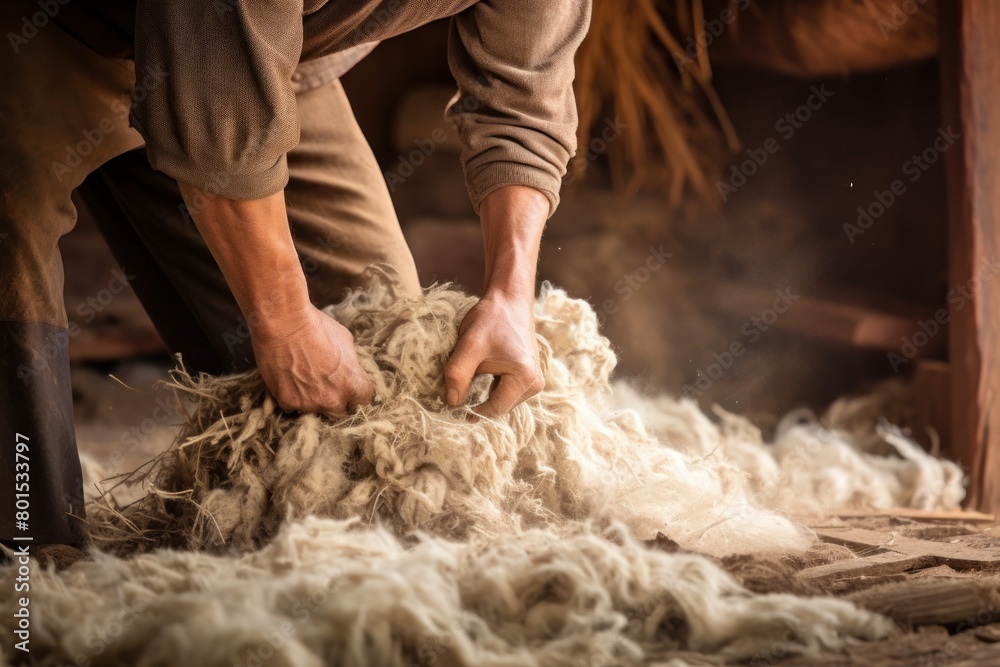 Old man gathers sheared sheep wool from ground on farm yard closeup ...