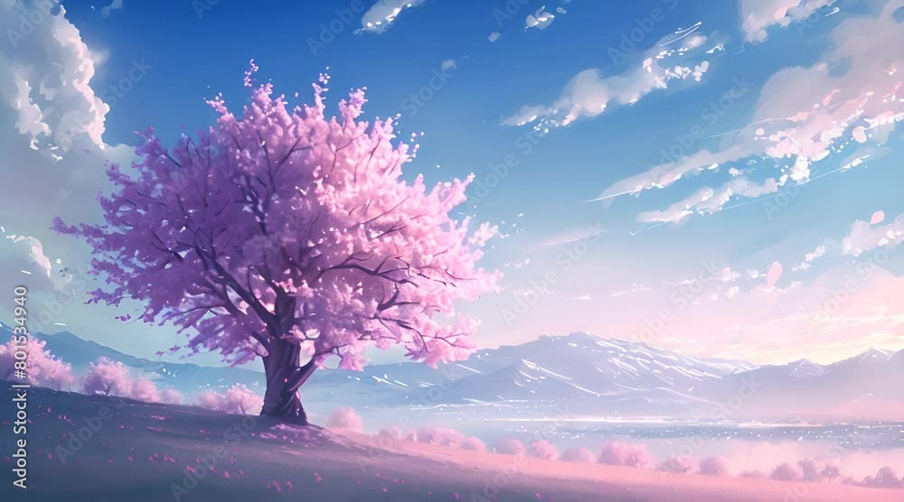 Spring background with sakura. Wide angle. Sparkling water river ...