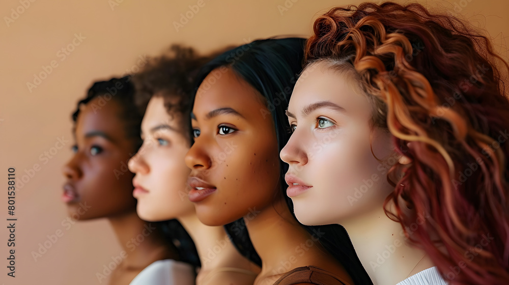 An ethnically diverse group of women with various skin types and colors ...