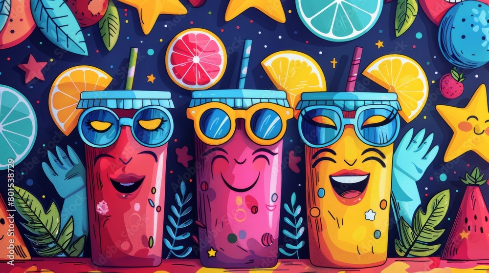 Trendy mosaic posters with funny cartoon characters. Matching doodle ...