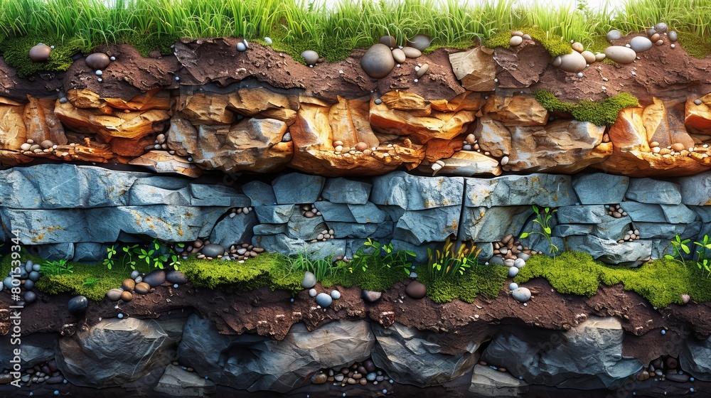 A seamless set of soil layers. Layered dirt clay, grass and stones on ...