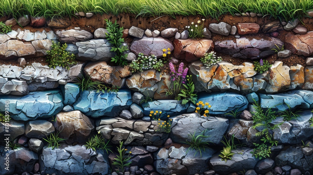 Soil layers with soil texture. Layered dirt clay, rocks and grass on ...