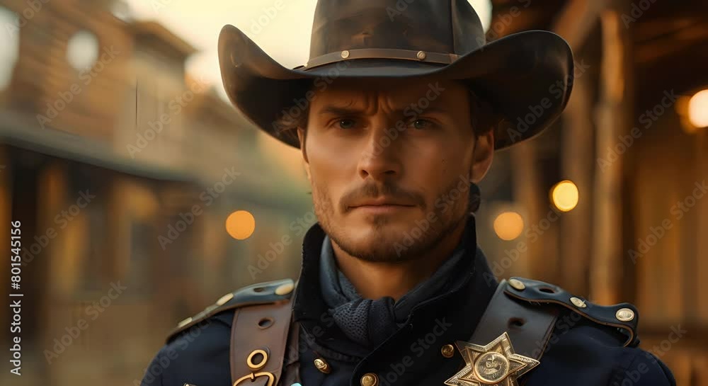 Sheriff in western town street wearing uniform background wooden houses ...