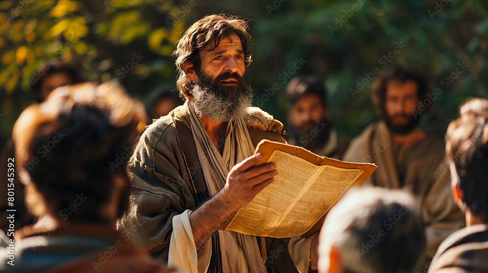 Bartholomew holding a scroll and teaching a group of listeners ...