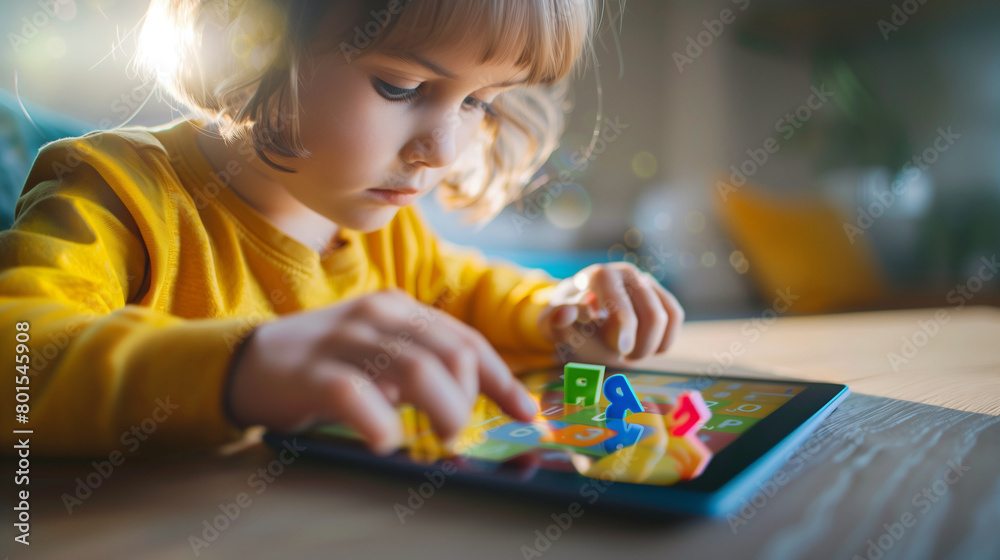 An over-the-shoulder shot of a child playing a math game on a tablet ...