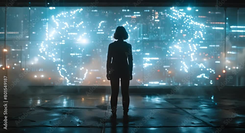 A person next to a digital twin on a large futuristic screen. Concept ...