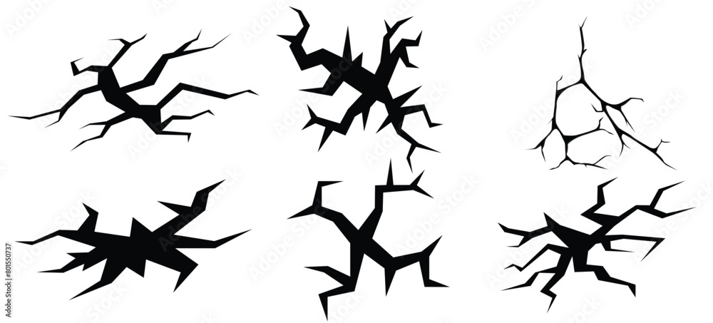 Ground split fracture line. Wall crack black silhouettes, earthquake ...