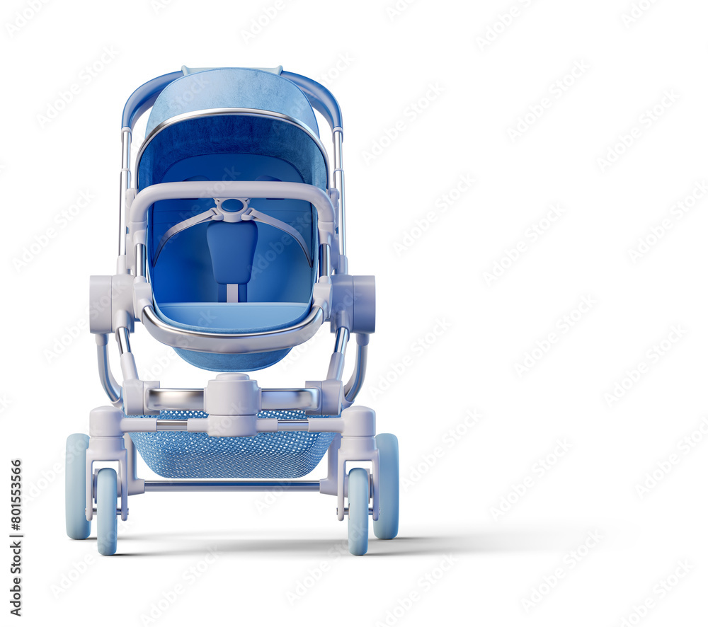 Light blue leather jogging baby stroller on transparent background. 3D ...