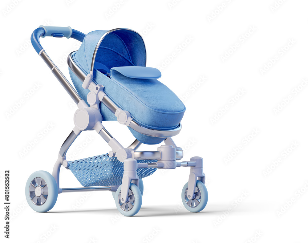 Light blue leather closed jogging baby stroller on transparent ...