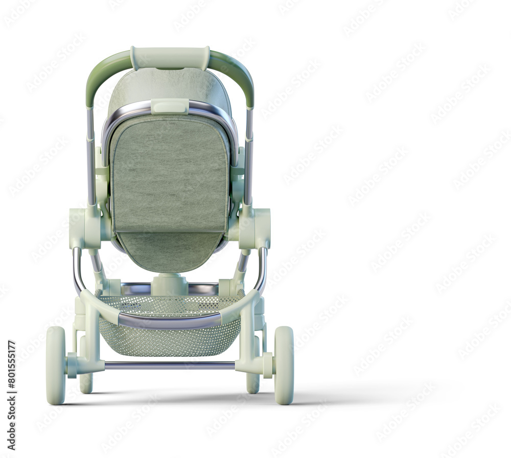 Light green leather jogging baby stroller on transparent background. 3D ...