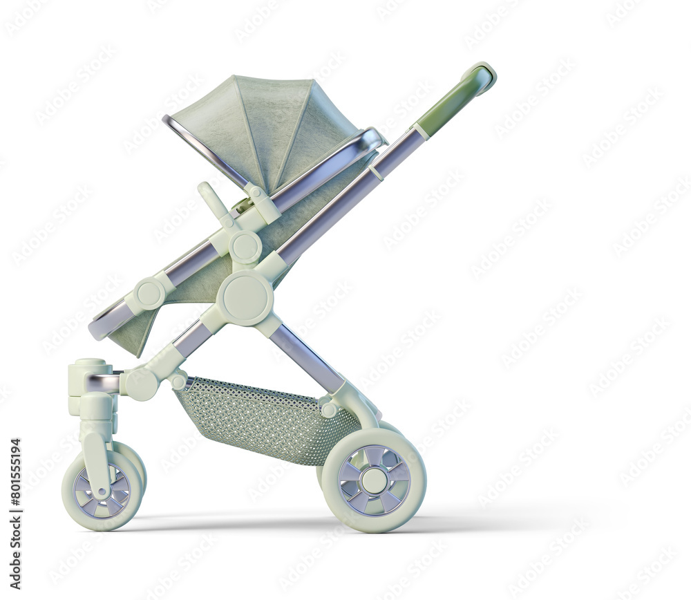 Light green leather jogging baby stroller on transparent background. 3D ...