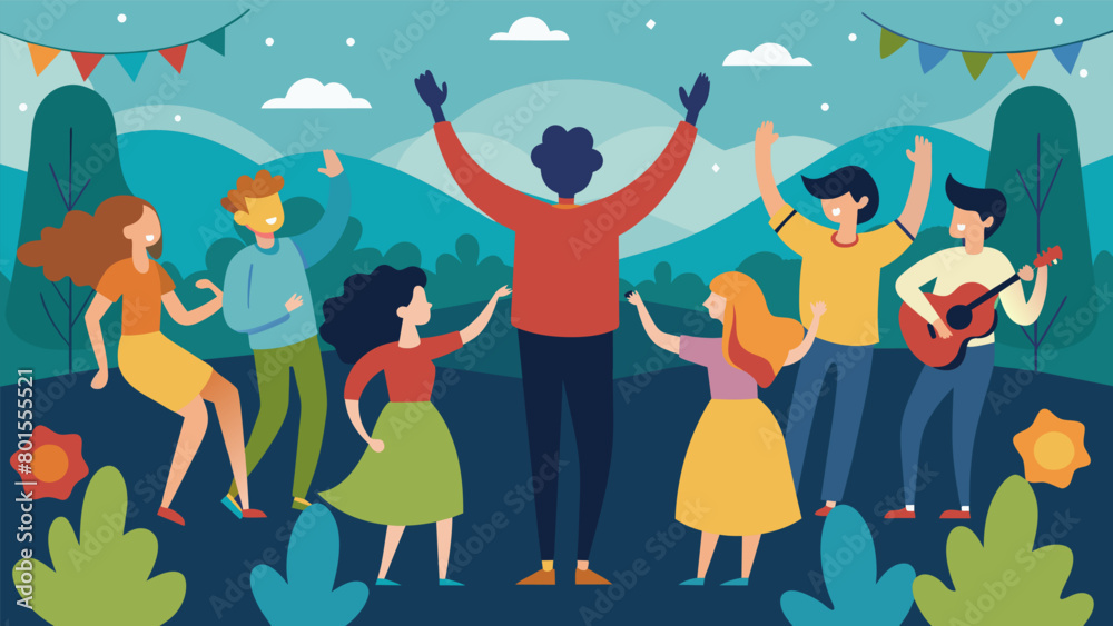 A lively outdoor concert with the audience clapping and tapping their ...