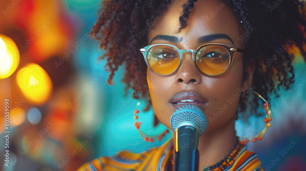 Banner, a beautiful young black American woman sings into a microphone ...