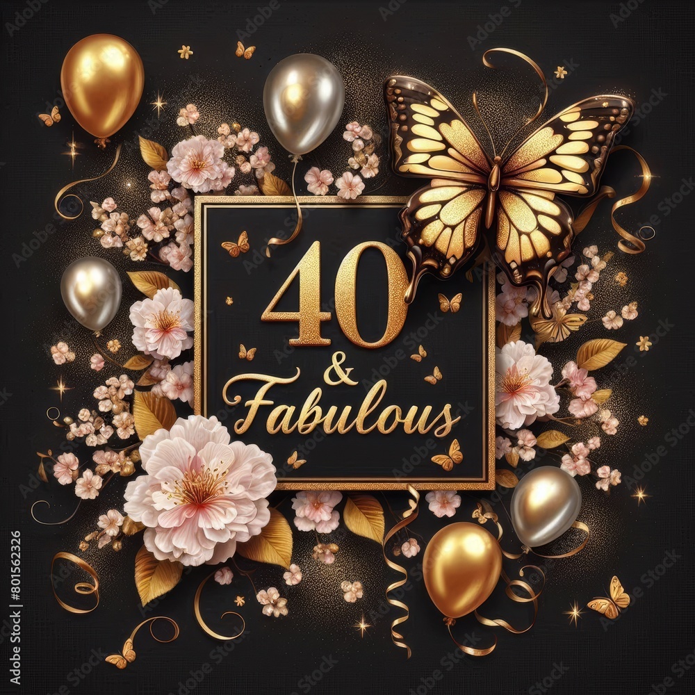 Chic 40th Birthday Design with Pink Flowers Stock Illustration | Adobe ...