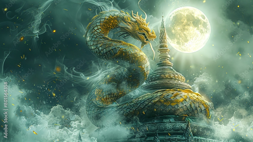 Ethereal snake sculpture coiled around an ancient temple. Mystical ...