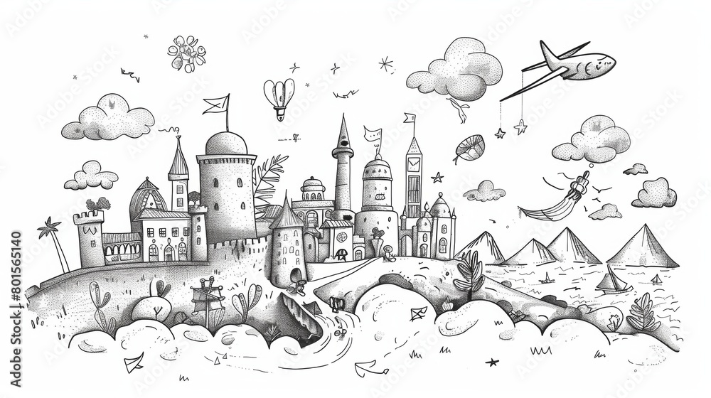 Whimsical line art characters exploring various destinations and ...