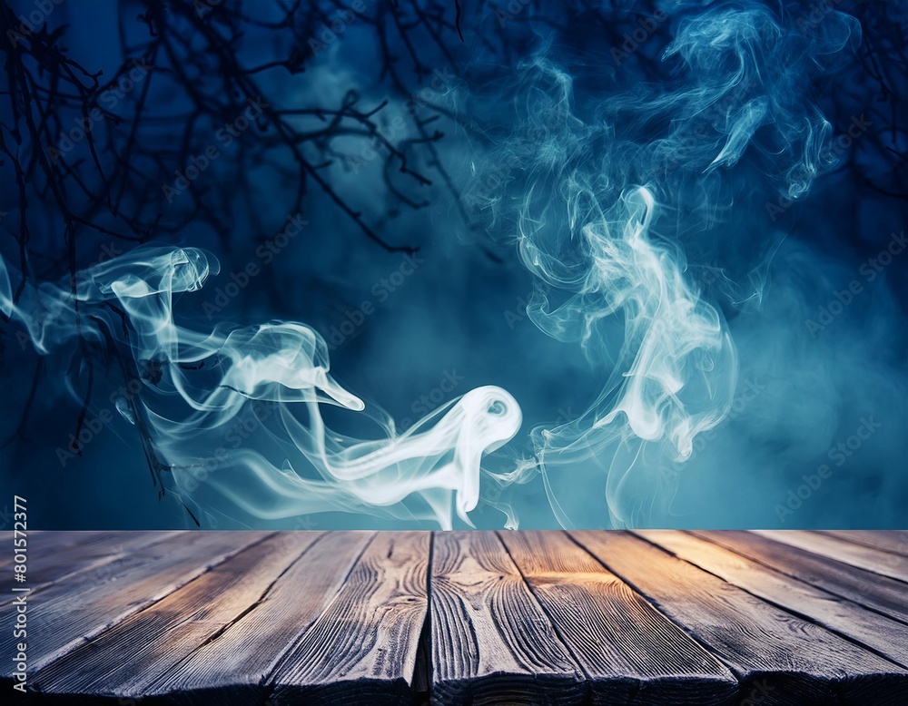 Misty Smoke Rising Over Rustic Wooden Table on Dark Grunge Background ...
