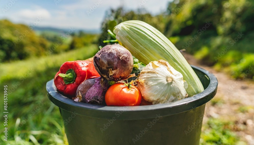 uneaten unused spoiled vegetables thrown in the trash container food ...