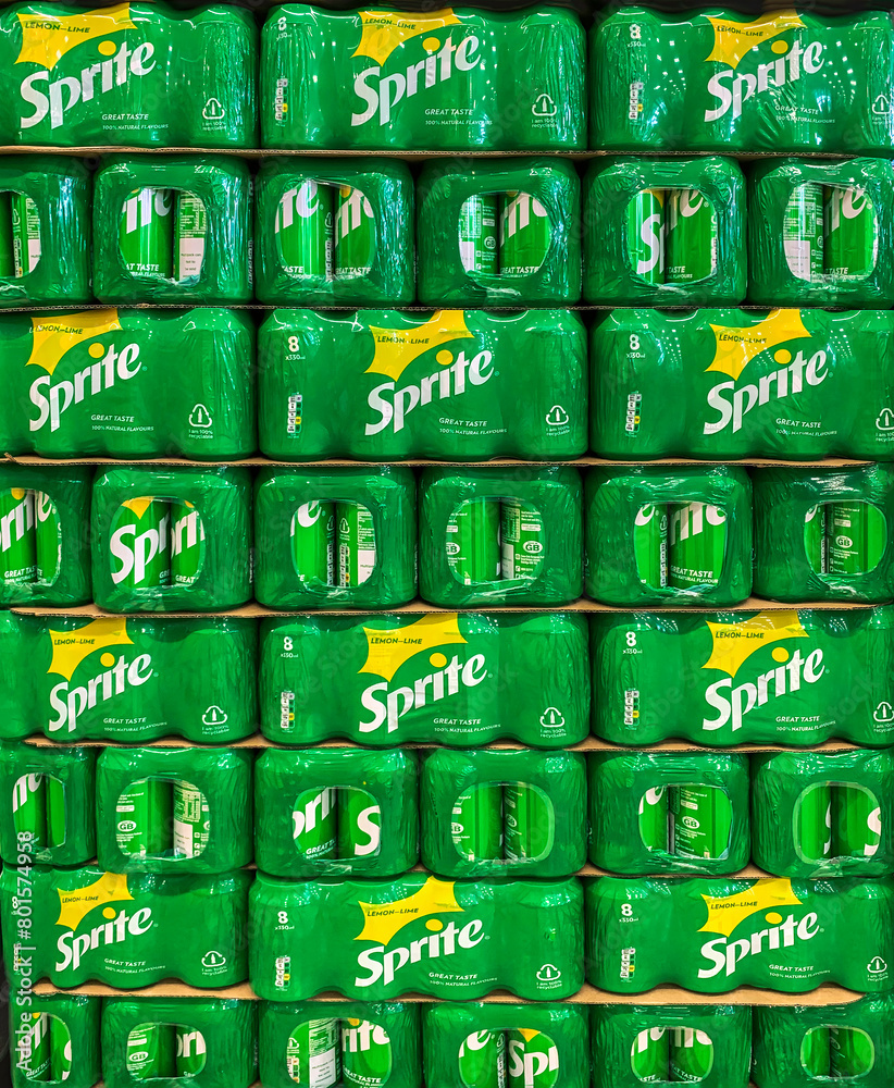 St Neots, UK - Monday 5th April 2021: Plastic wrapped sprite soda cans ...