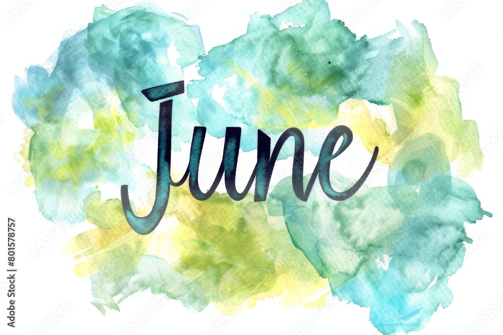 watercolor word "June" in black, soft blue green and yellow colors on ...
