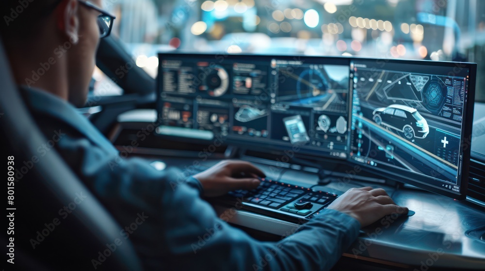 Business executive checking autonomous vehicle systems on multiple ...