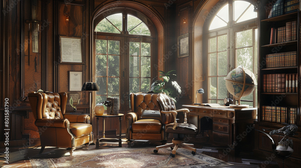 A vintage-inspired study with leather armchairs, a roll-top desk, and a ...