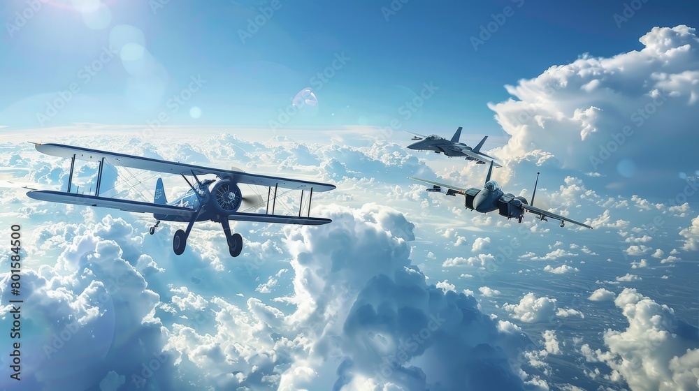 image of a vintage bi-plane flying next to a f-15 jet, blue skies and ...
