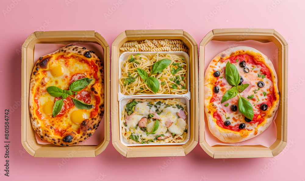 Lunch box with ready food, on a simple light pink background ...