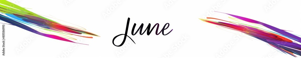logo, futuristic style, there is the text "June", Rainbow cursive ...