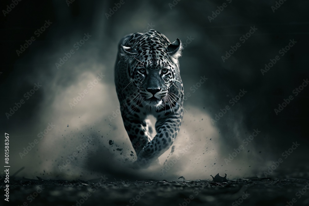 High-speed photograph captures a panther sprinting in dim lighting ...