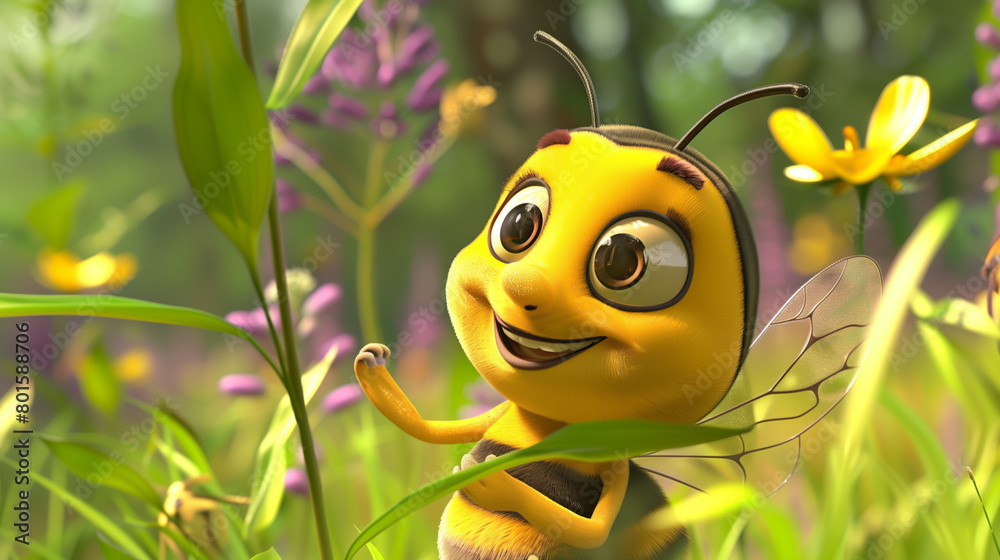 Adorable 3d animated cartoon bee smiles with delight amidst vibrant ...