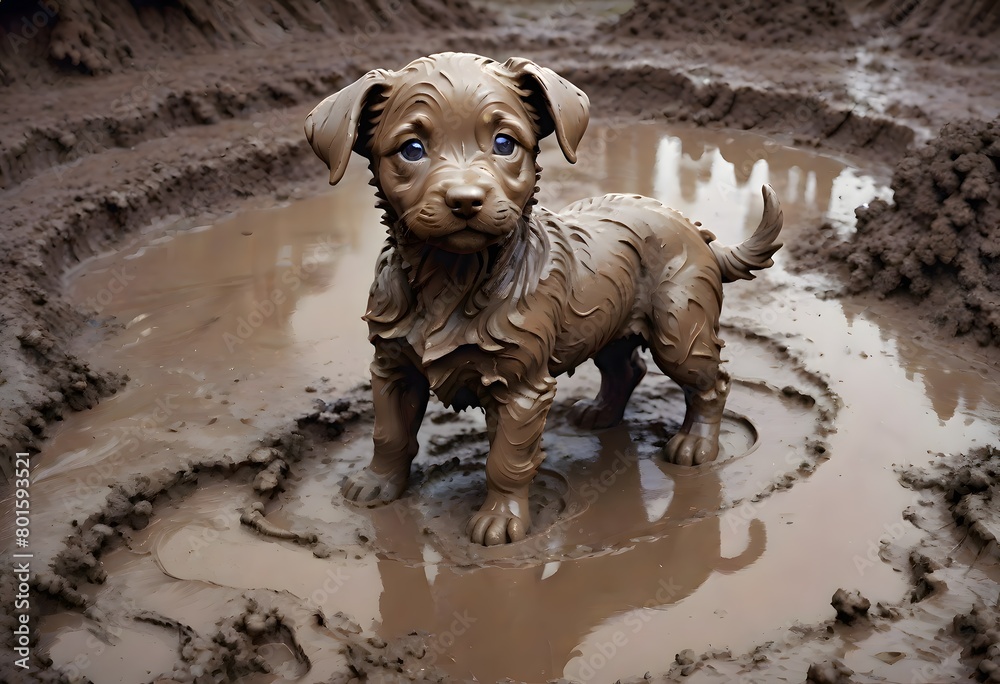Cute small dog standing in a muddy puddle. The dog is wet and dirty ...