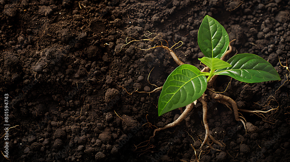 a young plant emerging from the soil, with its roots visible. The main ...