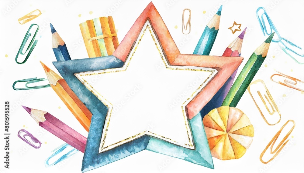 square watercolor star frame with a planning or school related ...