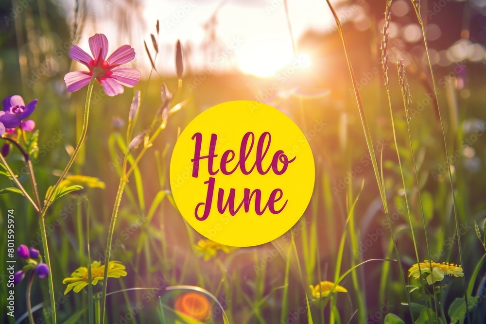 "Hello June" written in a yellow circle with a yellow and purple color ...