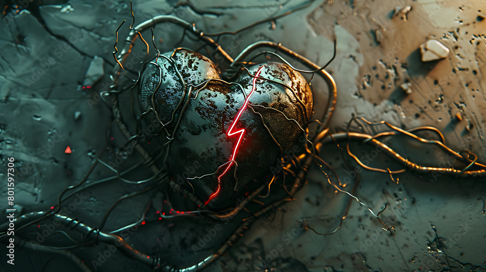 a stylized metallic heart with a red lightning bolt piercing through it ...