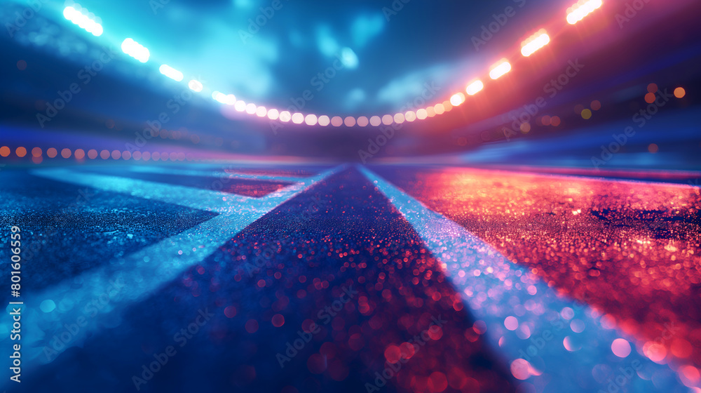 Illuminated wet red running track with sparkling horizon. Sports ...