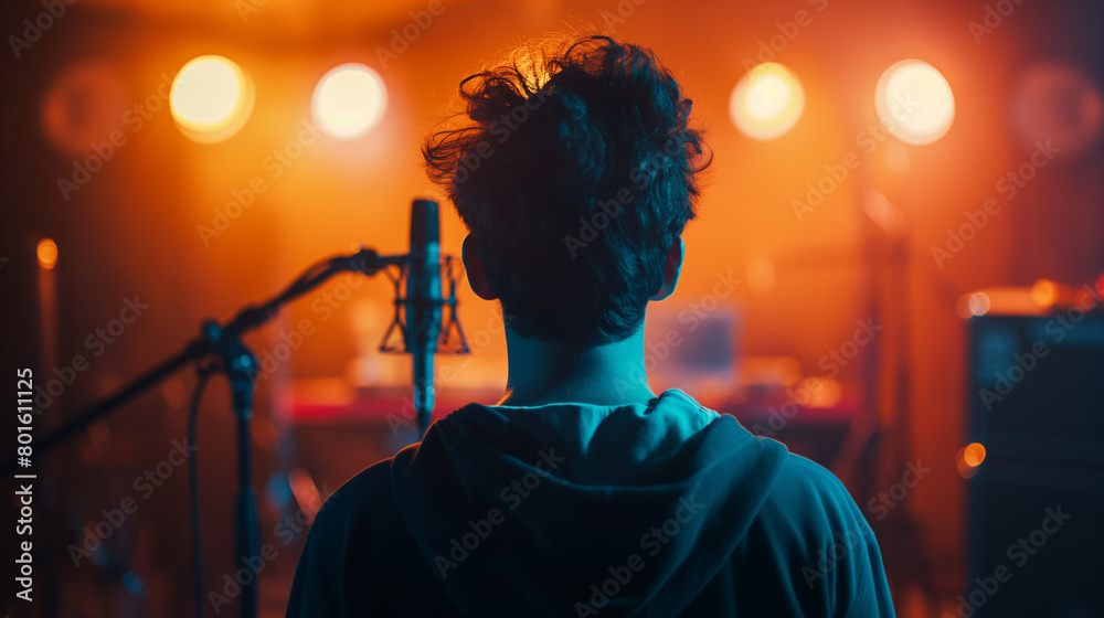 The camera captures the young artist from behind, their form bathed in ...