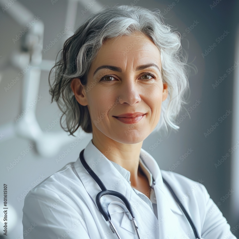 a profile picture of a middle age female human doctor with sense of ...