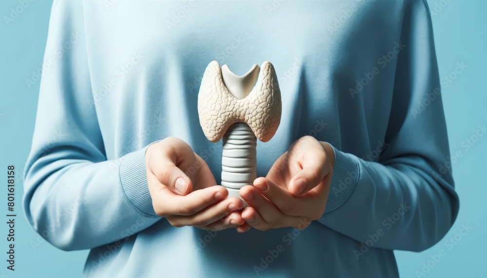 Model of a thyroid gland in both hands, symbolizing health and ...