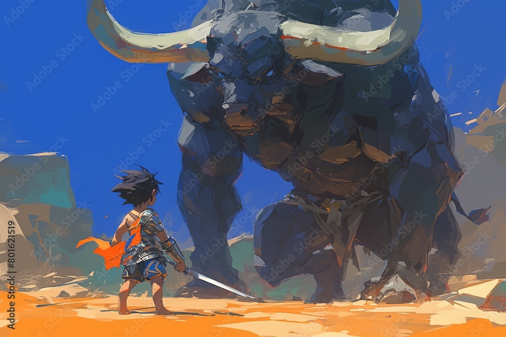 A little boy in armor faces an enormous minotaur, the Minosian beast ...