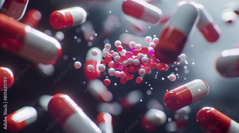 Detailed view of multiple capsule pills in various stages of ...