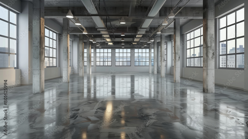 Oblique perspective view of an empty loft space with high ceilings ...