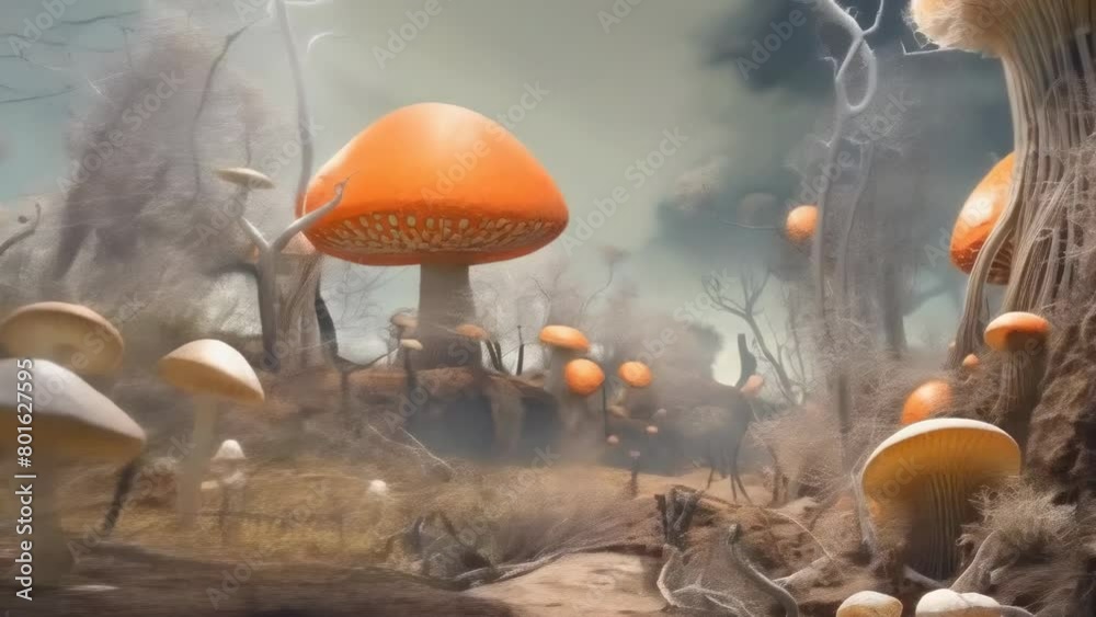 An ethereal forest scene, shrouded in mist, with towering, oversized ...