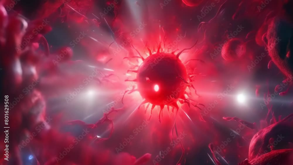 dramatic visualization of a virus cell, glowing ominously under a ...