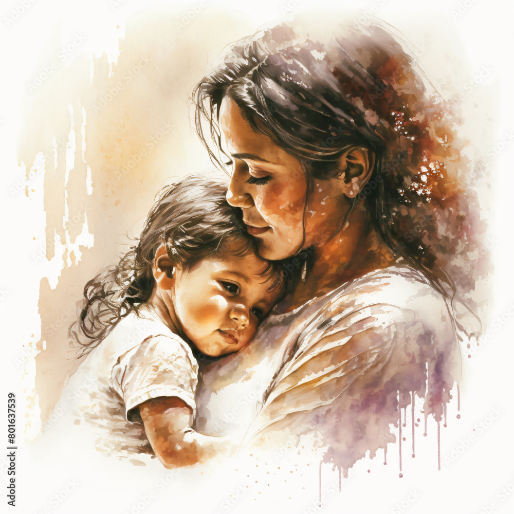 Emotional Watercolor Art of Mother and Child Embrace, Family Love and ...