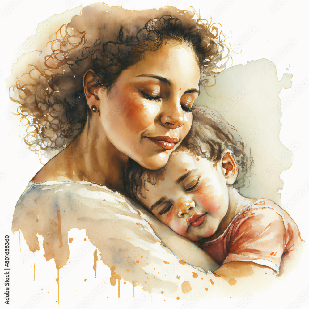 Emotional Watercolor Art of Mother and Child Embrace, Family Love and ...