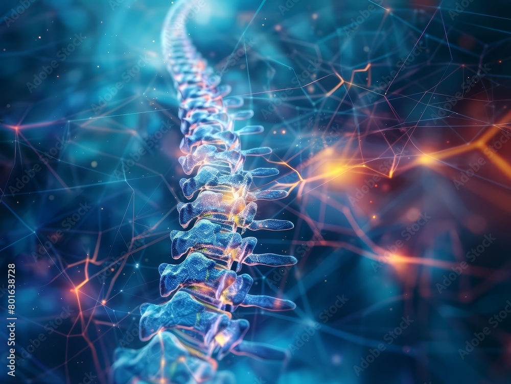 Back pain is visualized by a spine under stress, with nerves ...