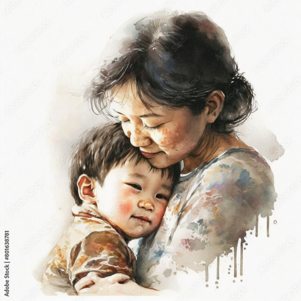 Watercolor Painting of Mother Embracing Child, Artistic Family Love ...