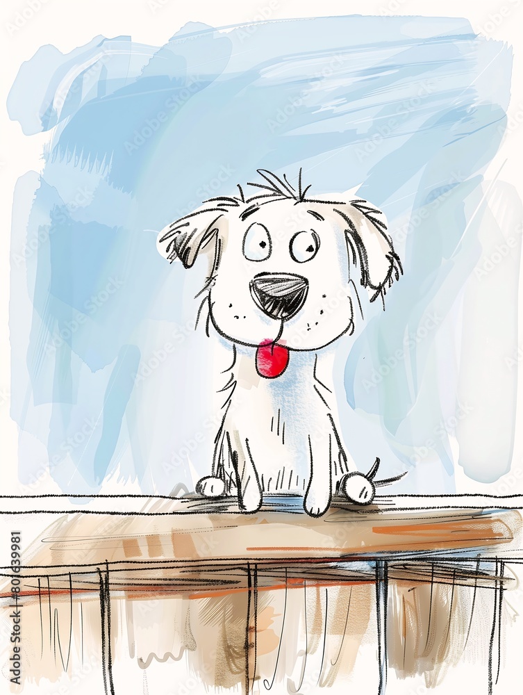 cartoon drawing dog sitting table red heart mouth books standing shelf ...